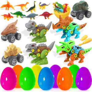 easter eggs filled with dinosaur toys for kids boys girls, 9 pack easter basket stuffers fillers prefilled with 4 pcs take apart building dino toys 3 pcs pull back cars 12pcs mini dino