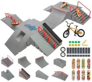 rngodo finger skateboard park kits,14-in-1 bigger finger skateboard ramp set with 14 ramps,8 fingerboards,1 finger bike, skate park kit,fingerboard skatepark half pipe toys gifts for ages 3+