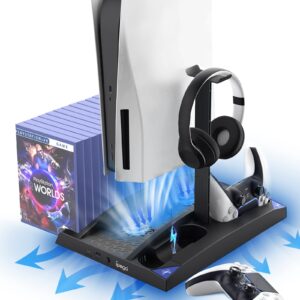 goluodck ps5 stand with suction cooling fan and dual controller charger station for playstation 5 ps5 console, suction cooler fan with charging dock station and 12 games storage