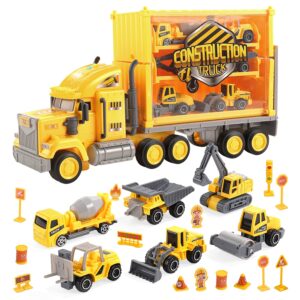 22 in 1 construction trucks push and go car carrier truck toy with mini alloy diecast trucks, play vehicles set with sounds and lights, gifts for boys toddler kids