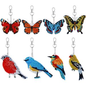 mtlee 8 pcs diamond art keychains - 5d diamond art kits - kids arts and crafts - ages 8-12 - diy gift - classic bird butterfly