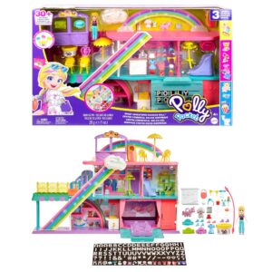 polly pocket sweet adventures rainbow mall, 3 floors, 9 play areas, 35+ accessories including 3-inch polly doll, great gift ages 4 years old & up