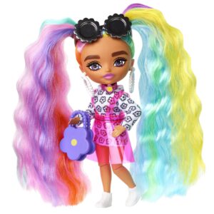 barbie extra minis doll #6 wearing flower print dress with rainbow hair, doll stand & accessories including sunglasses & purse, 5.5-inch