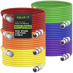 gearit dmx to dmx stage lighting cable (25 feet, 6-pack) dmx male to female (xlr compatible) 3-pin balanced shielded for dj led moving head par light, mic mixer, recording studio, podcast - 25ft