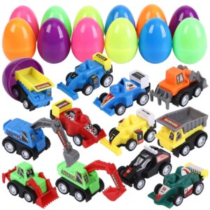 12 pcs easter eggs prefilled with pull back cars for 3-6 year old boys, pull back construction vehicle and race car for easter party favors, easter basket stuffers, easter egg fillers,easter eggs hunt