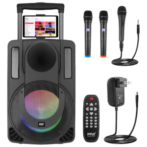 pyle 12’’ portable pa speaker system - wireless bt streaming pa & karaoke party audio speaker, two wireless mic, wired microphone, tablet stand, flashing party lights, mp3/usb//fm radio - phpwa12tb