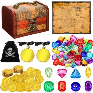 yookeer 88 pcs pirate treasure chest for kids antique color big treasure chest pirate box treasure hunt pirate map gold coins necklaces gems for pirate themed party favors(map style)