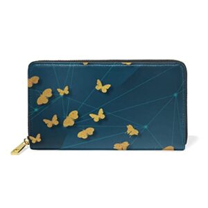 seamless golden gold butterflies on abstract blue background leather long wallet organizer with zipper purse clutch bag for women men