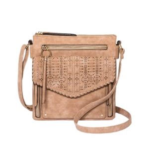 vr nyc zip closure mosaic design laser cut crossbody bag - natural