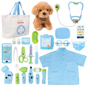 meland toy doctor kit for kids - pretend play doctor set with dog toy, carrying bag, stethoscope toy & dress up costume - doctor play gift for kids toddlers ages 3 4 5 6 year old for role play