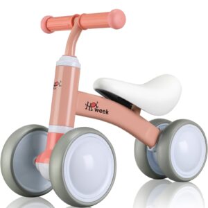 haweek baby balance bike cute toys for 1 year old boy and girl 12-24 months toddler bike baby walker riding gifts for boys girls no pedal infant 4 wheels baby's first birthday gift (pink)