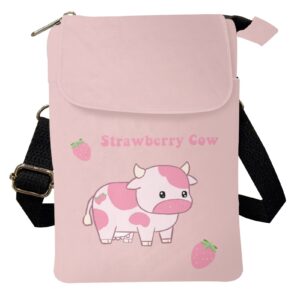 wideasale crossbody purses pink strawberry cow small handbags for women crossover phone bag over the shoulder with zipper pocket,birthday,thanksgiving,valentine's day gift