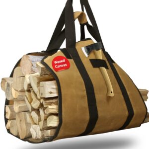 cupohus extra large 2in1 firewood carrier waxed canvas bag 44”x23”, heavy duty log holder tote bag with handles and shoulder strap for indoor fireplace wood stove accessories, outdoor camping (khaki)