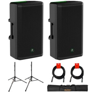 mackie thrash212 12-inch 1300w powered pa loudspeaker system, black (pair) bundle with steel speaker stands with tripod base and carrying case and 2x xlr-xlr cable