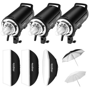 godox 3pack dp600iii speedlite studio flash strobe monolight kit,1800ws bowens mount photography lighting with softbox,umbrella,barndoor kit for location and studio video shooting,portrait