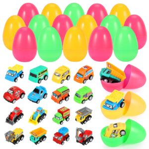 aitsite 16 pack fillable plastic easter egg with pull-back construction vehicles for easter theme party, favor easter eggs hunt, basket stuffers fillers, classroom prize, birthdays gifts