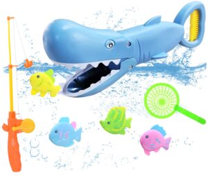 bath toys , shark grabber bathub baby toy magnetic fishing games playing set , floating fish toys in bathtub bathroom pool for babies toddlers and kids age 3+ (light blue)