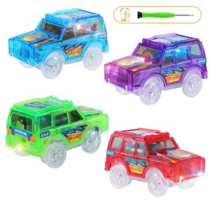 save unicorn tracks cars only replacement, toy cars for tracks glow in the dark, car tracks accessories with 5 flashing led lights, compatible with most car tracks for kids boys and girls(4pack)