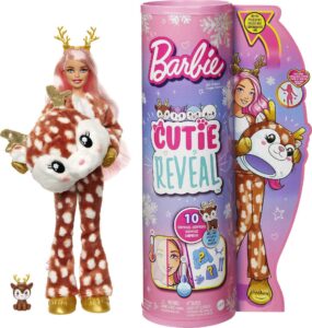 barbie cutie reveal doll, snowflake sparkle series deer plush costume, 10 surprises including mini pet & color change