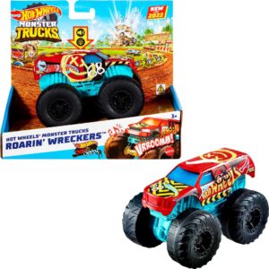 hot wheels monster trucks roarin’ wreckers, 1 1:43 scale truck with lights & sounds, plays truck’s theme song, toy for kids 3 years old & older