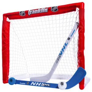 franklin sports nhl kids mini hockey set - includes 1 knee hockey goal - 2 mini hockey sticks + 2 foam balls - indoor toy mini hockey goal + sticks set,red