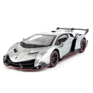 wakakac diecast car for lambo veneno model car 1/24 scale sports toy vehicle door can be opened toy car front wheel steerable (gray)