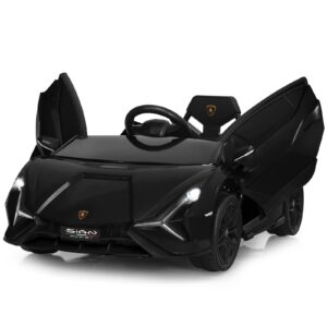 infans 12v licensed lamborghini sian kids ride on car with parent remote control, spring suspension, mp3 player, electric toy roadster carbon fiber textured for toddler (black)