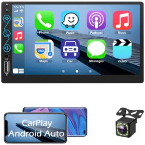 7 inch double din car stereo system compatible with apple car play and android auto, touch screen car radio with voice control, bluetooth 5.2, subwoofer, a-link, backup camera, fm/am