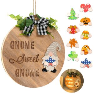 lighted interchangeable gnome welcome door sign, 12 inches seasonal front door gnome sweet gnome home decor hanger, holiday wooden rustic farmhouse wall decor wreaths with led light & 9 season icons