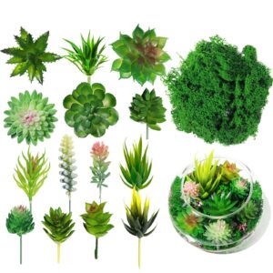 14 pcs mini artificial succulents plants picks,flocked faux succulent plants, fake succulents plant with succulent moss,realistic textured aloe for home office table garden decoration