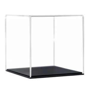 auzebox acrylic display case with black base- highly transparent, dustproof and clear vision lego display case for action figures, legos, trophy, model cars, and any toy collectables 4x4x4 inches