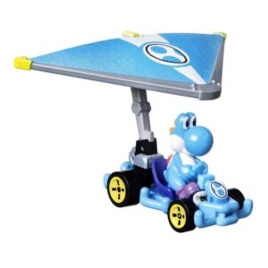 hot wheels mario kart 1:64 scale die-cast light-blue yoshi in pipe frame kart with super glider