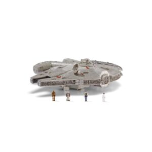 star wars micro galaxy squadron assault class millennium falcon - 7-inch vehicle with 1-inch han solo, chewbacca, princess leia and obi-wan kenobi micro figures, multicolor