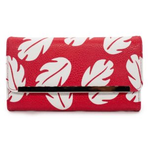 buckle down women's disney wallet, envelope foldover, stitch bounding lilo dress leaves, red white, vegan leather, 8.0" x 4.5"