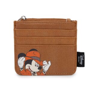 buckle down disney wallet, id zip top, adventure mickey mouse poses, brown, vegan leather, 4.0" x 3.5"