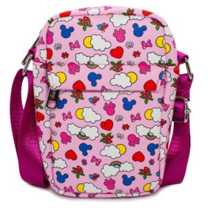 buckle down disney bag, cross body, icons with rainbow and flowers, pink, vegan leather, mickey mouse, minnie mouse