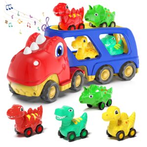 toddler car toy for 2 3 4 5 years old, dinosaur transport carrier truck with 4 pack small pull back dino car, friction power vehicle christmas birthday gift for 18m+ kids boys girls