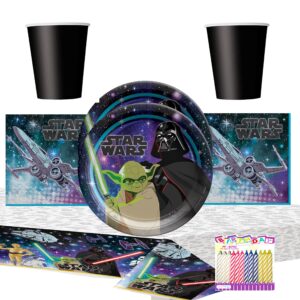 star wars galaxy of adventures party supplies pack serves 16 - 9" plates napkins cups and table cover for boys, kids, children - durable - star wars decorations - includes birthday candles