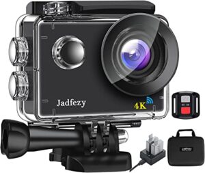 jadfezy action camera 4k with wifi, remote control, sports camera with charger and 2×1350 mah batteries, 30m/98ft waterproof camera mounting accessories for helmet and bicycle etc. (4k 30fps)