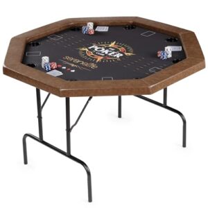 serenelife 8- player octagonal foldable poker table, casino leisure texas holdem table, w/ water resistant cushioned rail, 8 cup holders, brown felt surface, black jack board & family games (black)