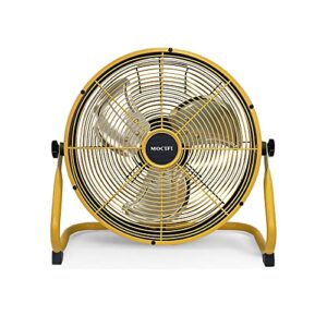 mocifi 12 inch high velocity rechargeable floor fan with metal blade 12-speed portable powered operated fan for home, travel, commercial, residential, outdoor indoor use, yellow