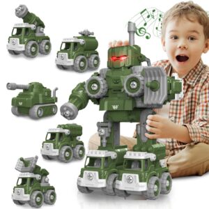 fxizon stem take apart robot construction toys for boys, 5 in 1 military vehicles transform toys robot for kids 3-5, construction building truck toys gift for toddlers kids boys girls ages 4-8