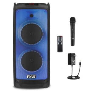 pyle portable bluetooth pa speaker system - 500w rechargeable indoor outdoor stereo w/dual 8” woofer & tweeter, audio recording, wireless microphone, flaming light, radio, mp3/usb/micro sd, remote