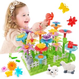 prebox flower building toys set for toddler girls - birthday gifts and fine motor skills toys for kids age 3 4 5 6 yr, stem crafts and build a garden with insects and animals