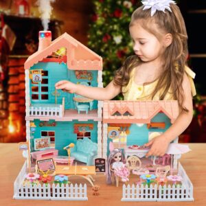 rassr doll house kit 4-5 year old with dollhouse furniture & accessories, toddler girls princess doll house 2-3 year old with lights, chimney and garden building toys, diy pretend dollhouse playset