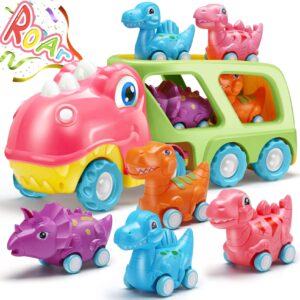 dinosaur car toy for toddler girl, dino carrier truck with 4 mini cartoon pull back cars with realistic lights and sounds, pink girls toys for kid child baby age 3 years old birthday party gift