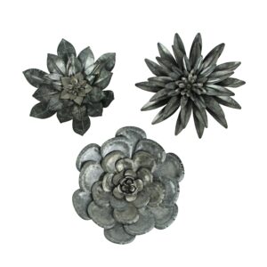 zeckos set of 3 galvanized metal flower wall hanging sculptures home decor floral art 10 inches high - nature accents for country or farmhouse - easy install