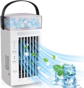 personal air conditioner fan, small air conditioner fan, portable air cooler mini air conditioner fan with 3 wind speed, evaporative air humidifier, desktop cooling fan with led light for office, home