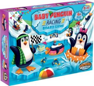 jumping high fives baby penguin racing board game - snowy penguin race game for 2-4 kids ages 4 and up, children learn new skills while sliding down the iceberg to reach the polar party