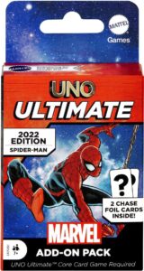 mattel games ​uno ultimate marvel card game add-on pack with spider-man character deck & 2 collectible foil cards, gift for collectors & kids ages 7 years & older